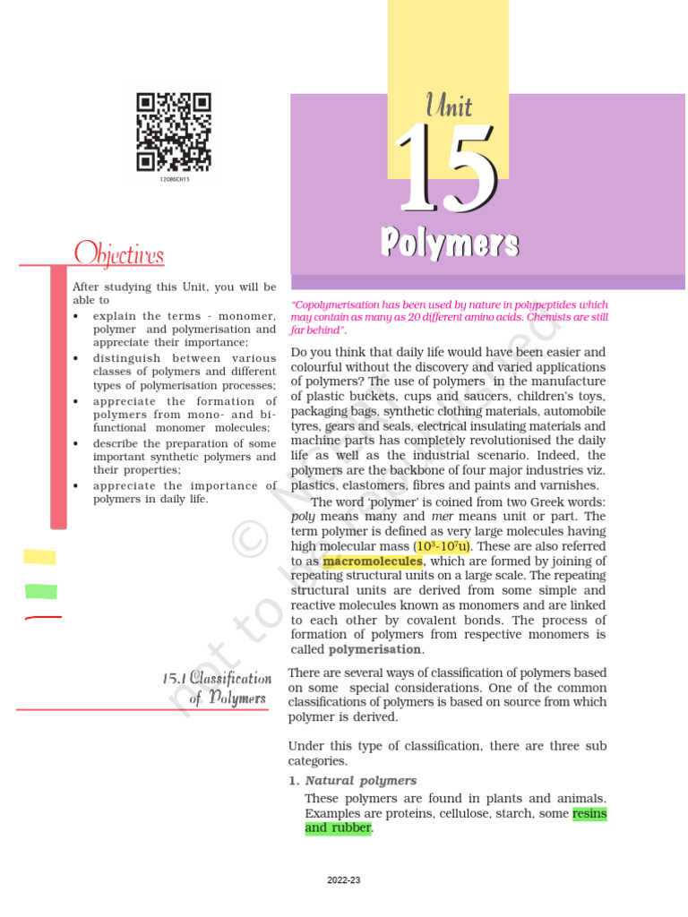 Polymers Ncert Highlighted Notes | PDF | Polymers | Polymerization