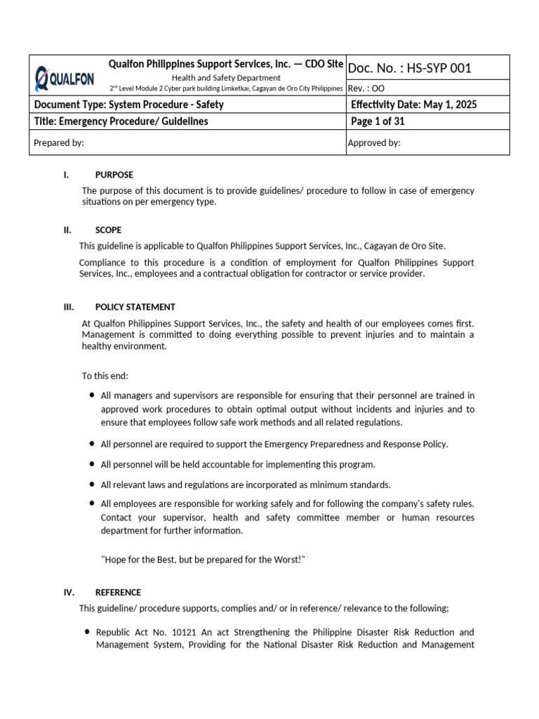 Emergency Guidelines for Qualfon CDO | PDF | First Aid | Occupational ...
