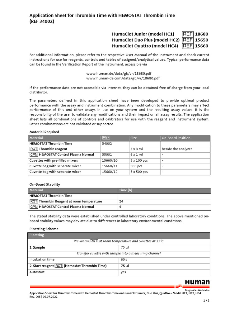 Thrombin Time Application Sheet HC1-HC4 | PDF