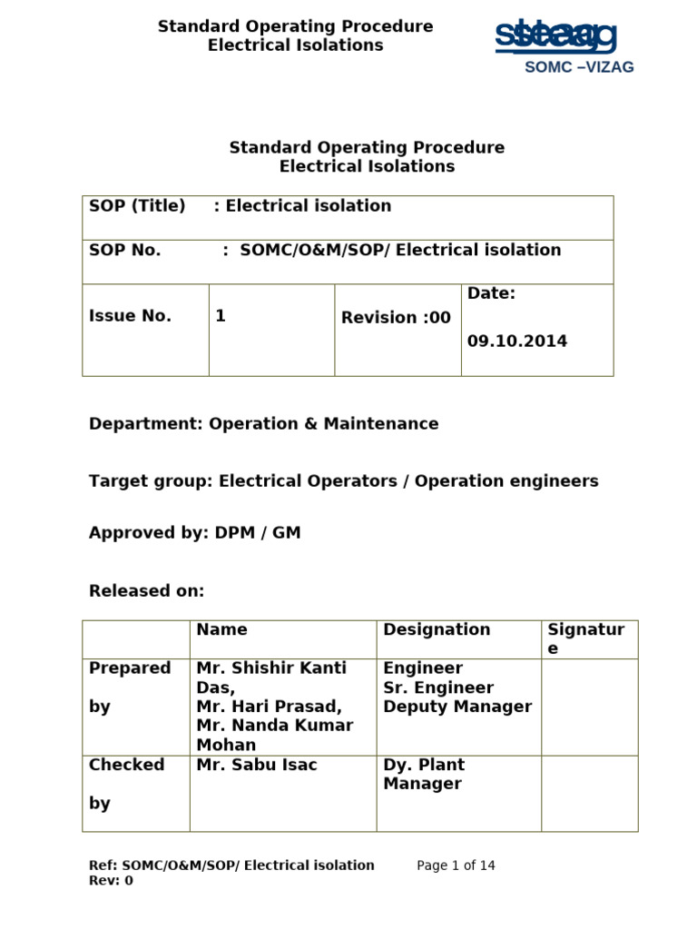 SOP Electrical Isolations | PDF | Switch | Fuse (Electrical)