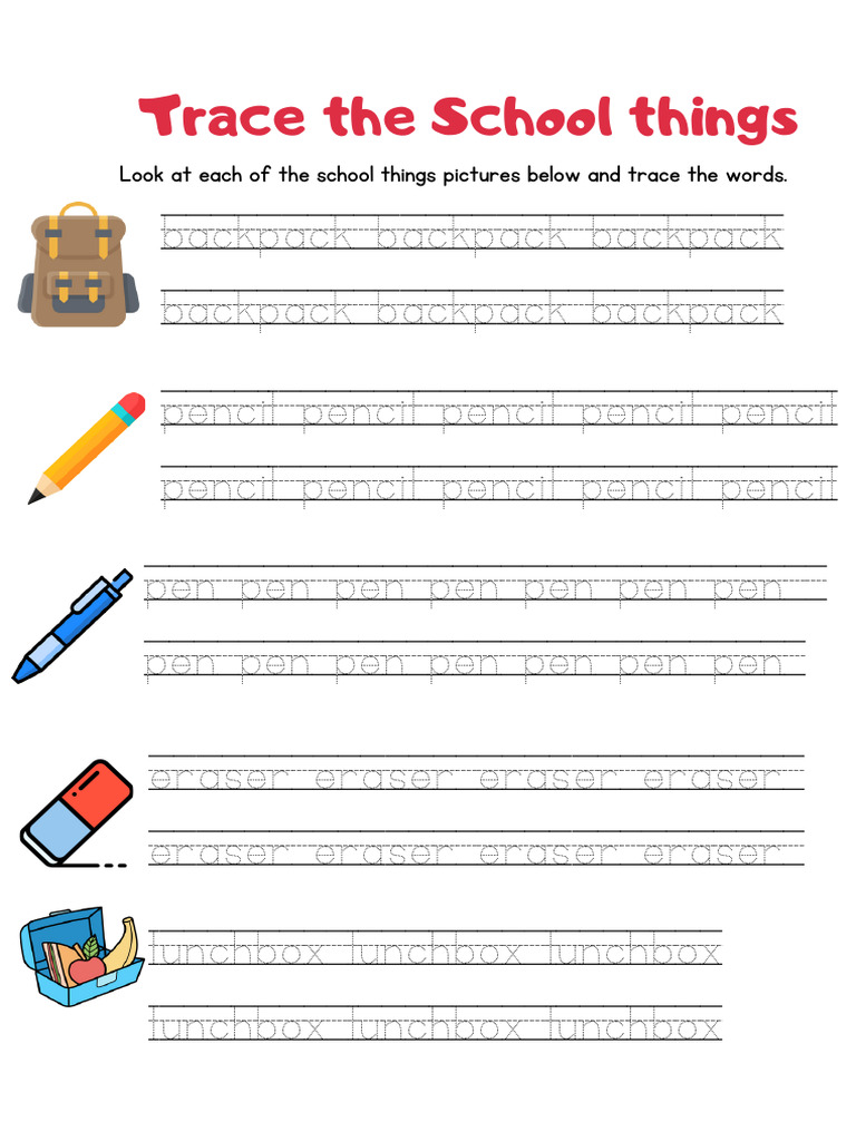 Tracing School Supplies Worksheet | PDF