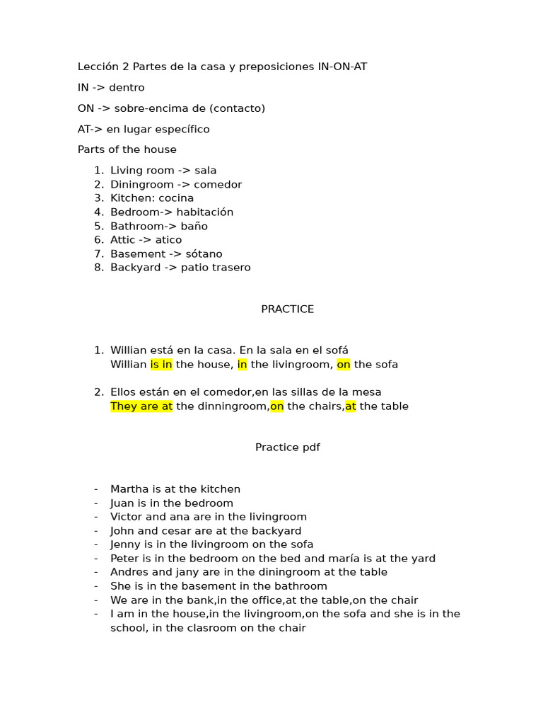 Lección 2 Partes de la casa y preposiciones IN | PDF