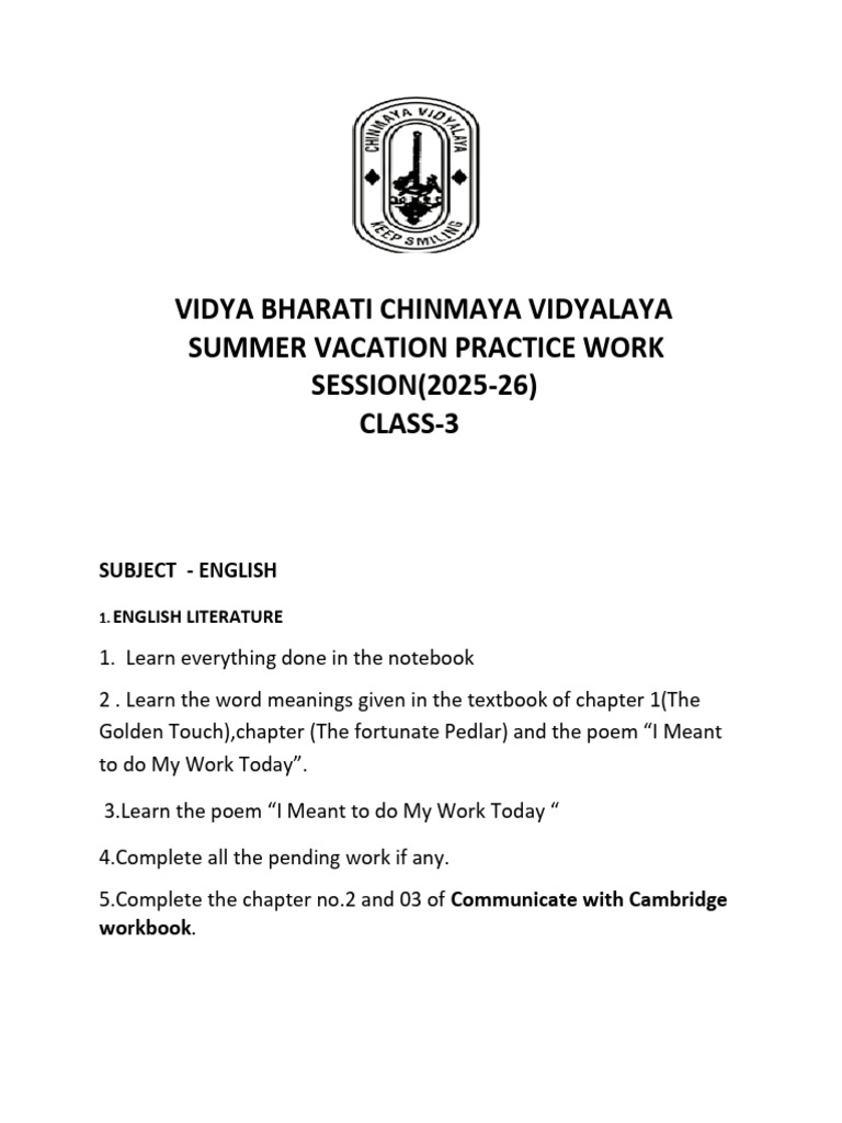 CLASS 3 SUMMER VACATION PRACTICE WORK (2025-26) | PDF