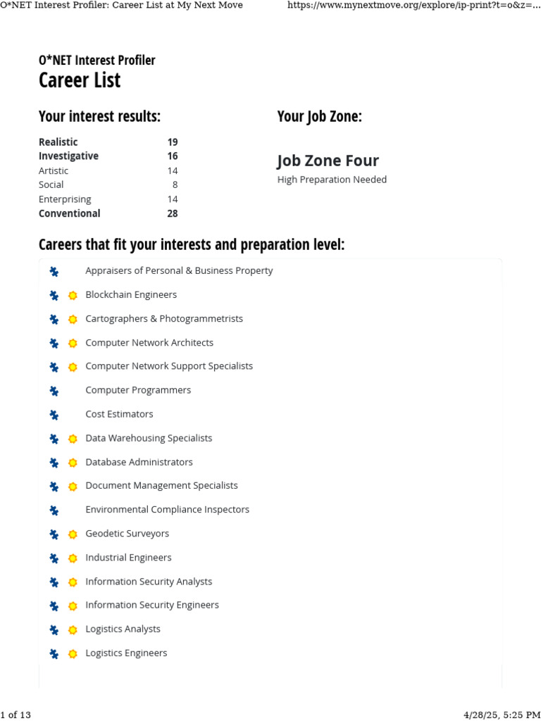 O_NET Interest Profiler_ Career List | PDF | Engineering | Textiles