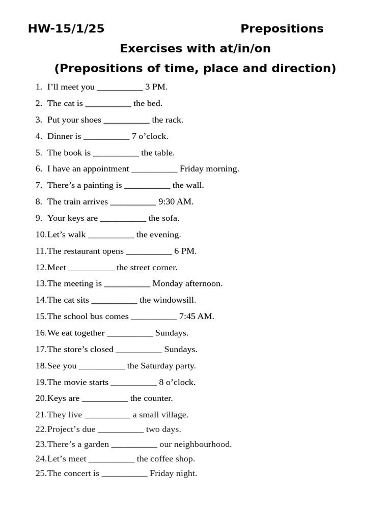 Prepositions: At, In, On Exercises | PDF