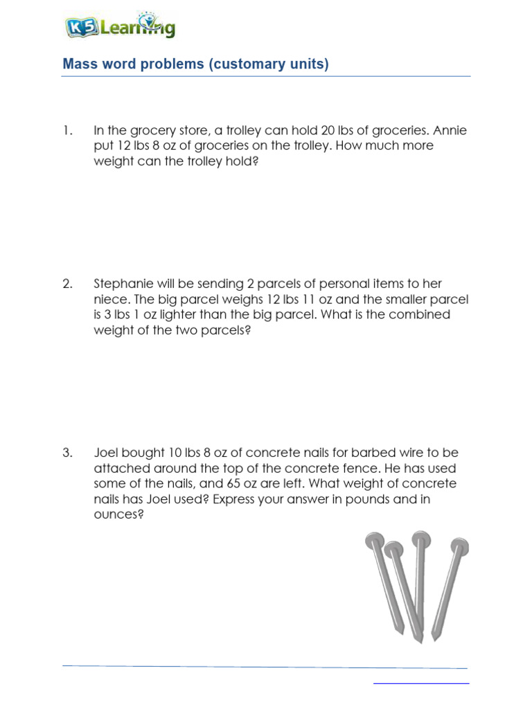 Grade 5 Mass Word Problems Worksheet | PDF