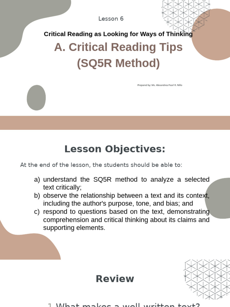 Lesson 6 Critical Reading Tips SQ5R METHOD 2 | PDF | Learning Styles ...