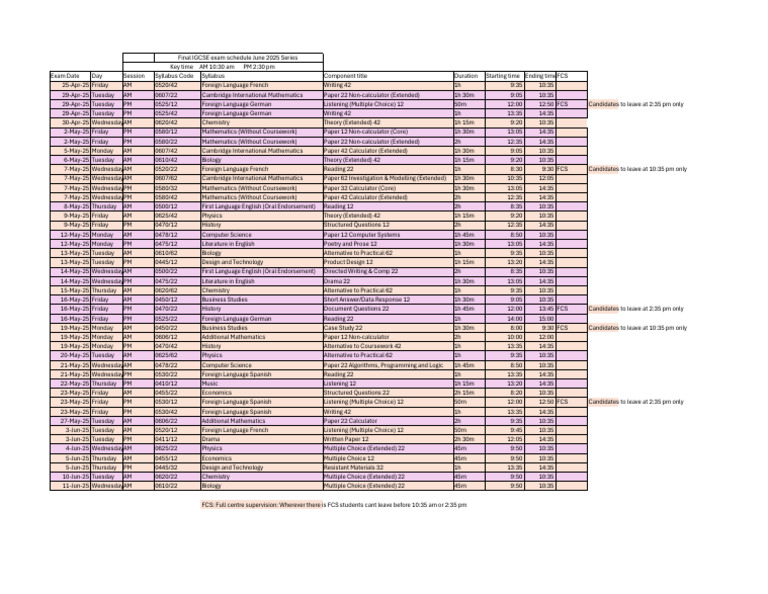 Final IGCSE Exam Schedule June 2025 Series | PDF