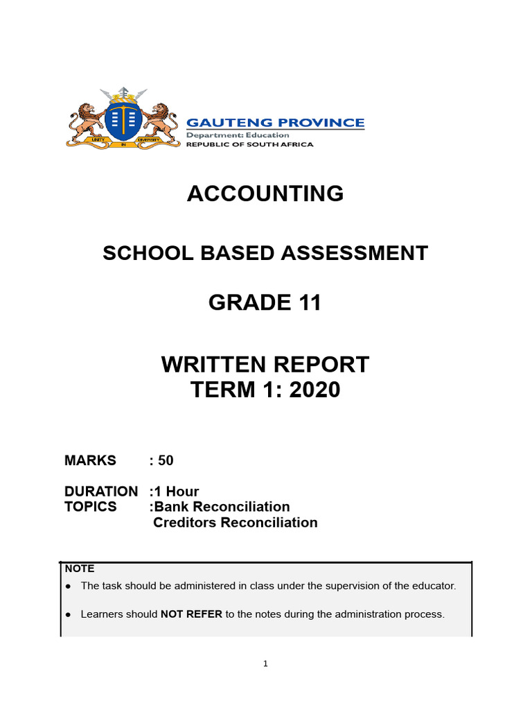 Grade 11 Accounting Assessment Report | PDF | Banks | Cheque