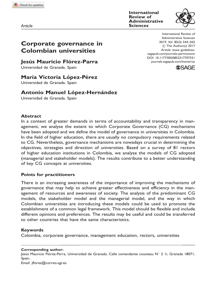 Florez Parra Et Al 2017 Corporate Governance in Colombian Universities | PDF | Governance ...