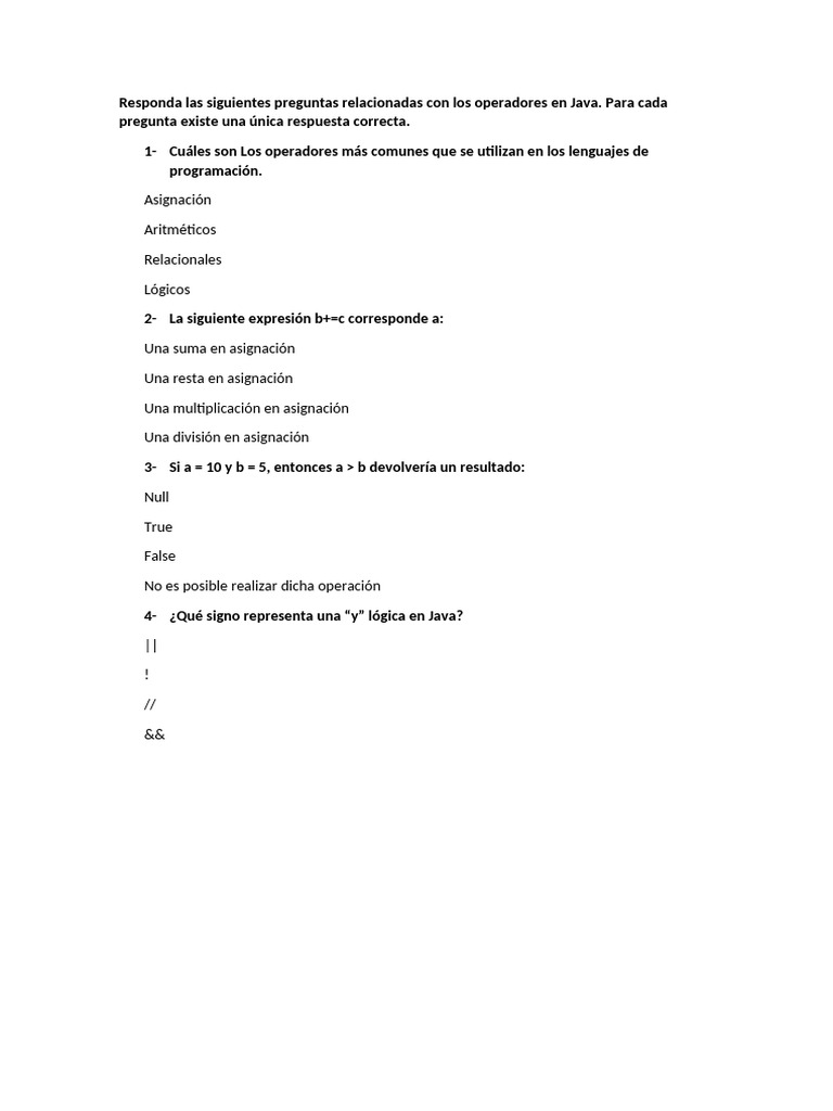 Preguntas Relacionadas Con Los Operadores en Java | PDF