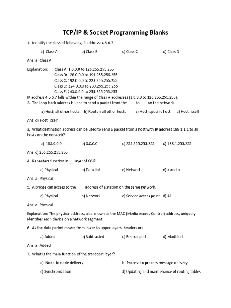 Tcpip Blanks Answers | PDF | Computer Network | Internet Protocols