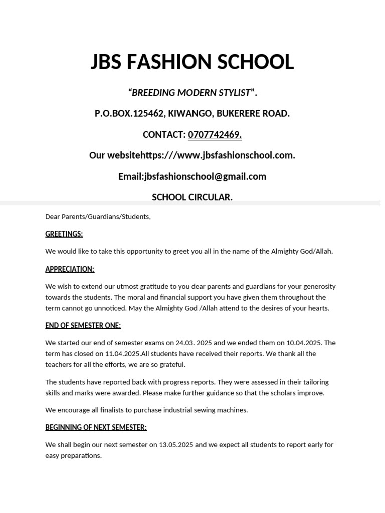 Jbs Fashion School Circular 2025 | PDF | Gratitude