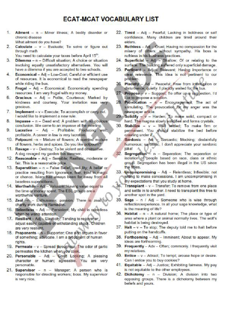 JPG ECAT MCAT Vocab List | PDF
