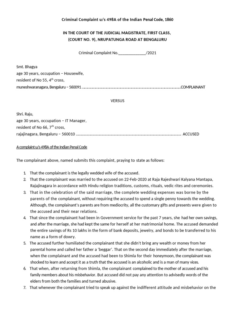 IPC 498A Criminal Complaint Example | PDF | Justice | Crime & Violence