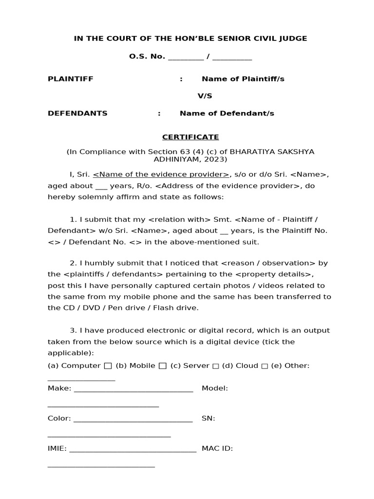 BSA Section 63(4)(c) Certificate Template | PDF | Computer Architecture ...