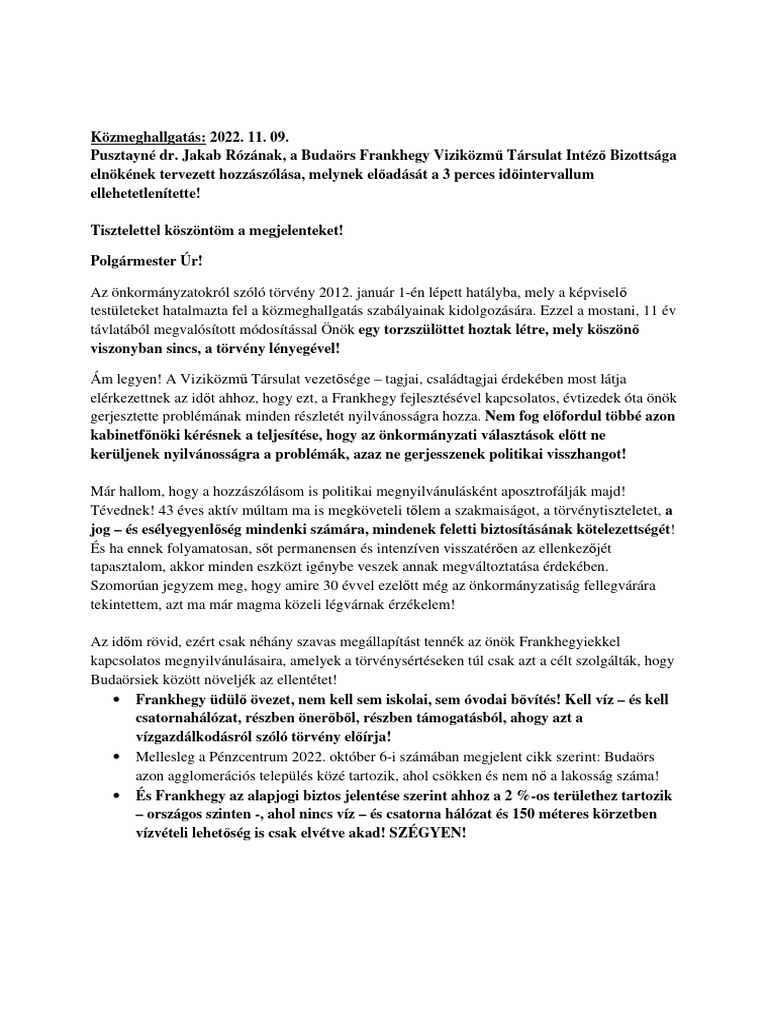 2022.11.09. Közmeghallgatás Pusztayné Jakab Róza Felszólalása | PDF