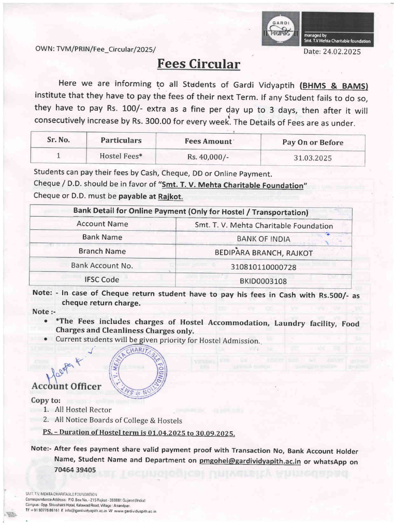 Hostel Fees Circular-Feb - 2025 | PDF | Cheque | Personal Finance