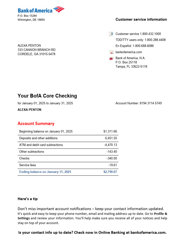 Bank of America January 2025 Statement | PDF