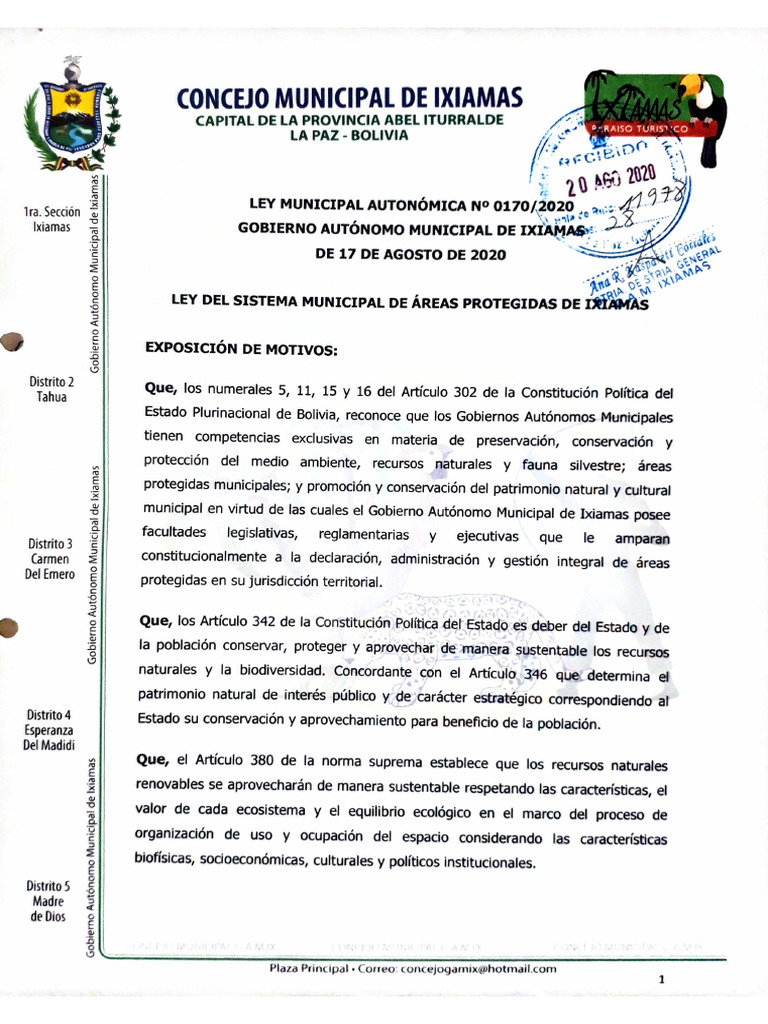 Ley 170 - 17 Agosto - 2020 - Smapix Ixiamas 2020 | PDF