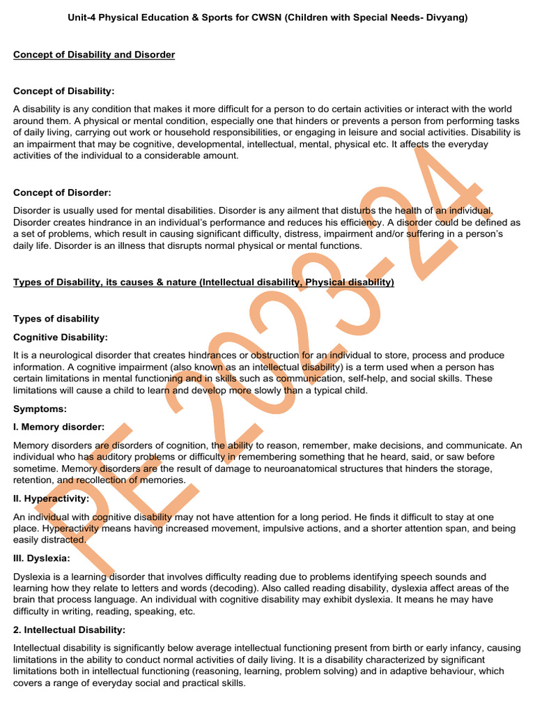 Unit 4. Physical Education & Sports For CWSN (Children With Special Needs - Divyang) | PDF ...