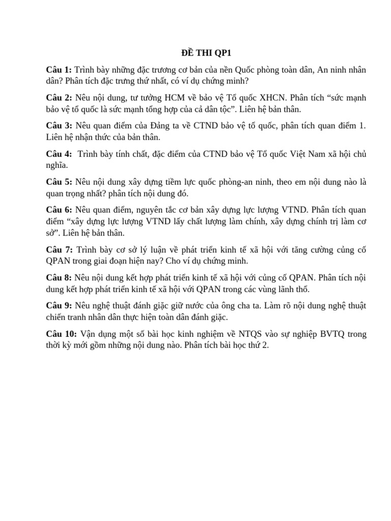 ĐỀ CƯƠNG KIỂM TRA QP1 | PDF