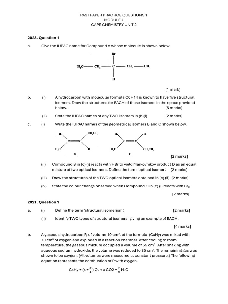 Past Paper Practice Questions 1 U2 | PDF | Isomer | Chemical Reactions