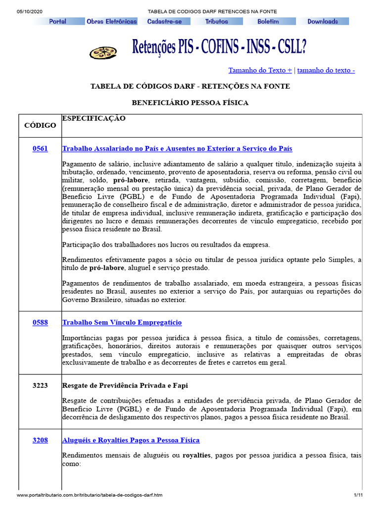 Tabela de Codigos Darf Retencoes Na Fonte | PDF | Fundos mútuos | Renda fixa