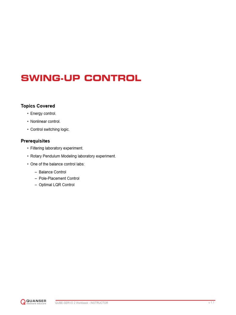 QUBE-Servo 2 - Swing-Up Control Workbook (Instructor) | PDF | Pendulum | Nonlinear System