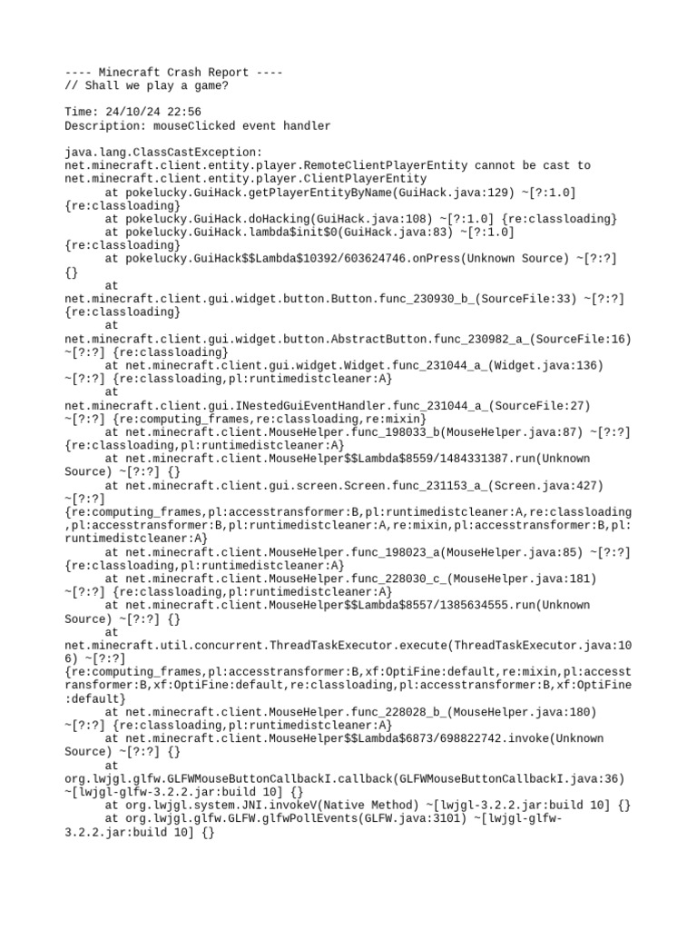 Pokelucky GuiHack Crash Report | PDF | Java Virtual Machine | Computing
