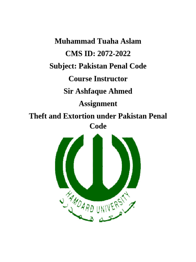 Assignment On Theft and Extortion Under Pakistan Penal Code | PDF ...