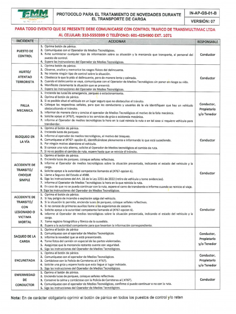 Protocolo para El Tratamiento de Novedades Durante El Transporte de Carga V7 | PDF