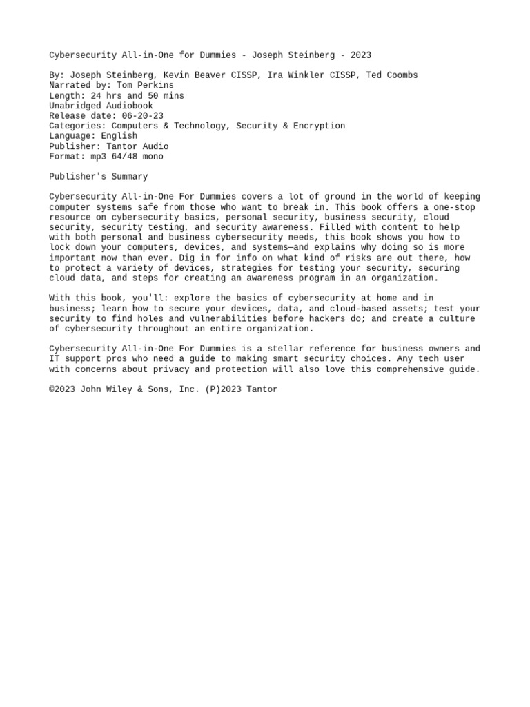 Cybersecurity All-In-One For Dummies - Joseph Steinberg - 2023 | PDF