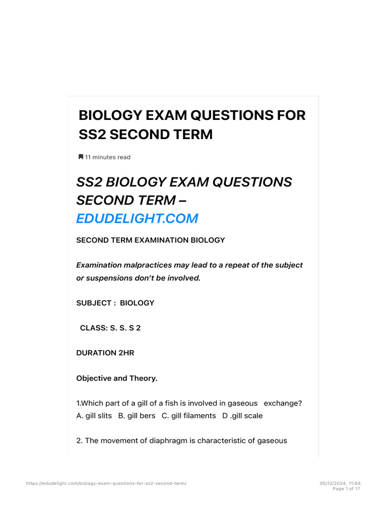 Biology Exam Questions For SS2 Second Term 2 | PDF | Atrium (Heart) | Circulatory System