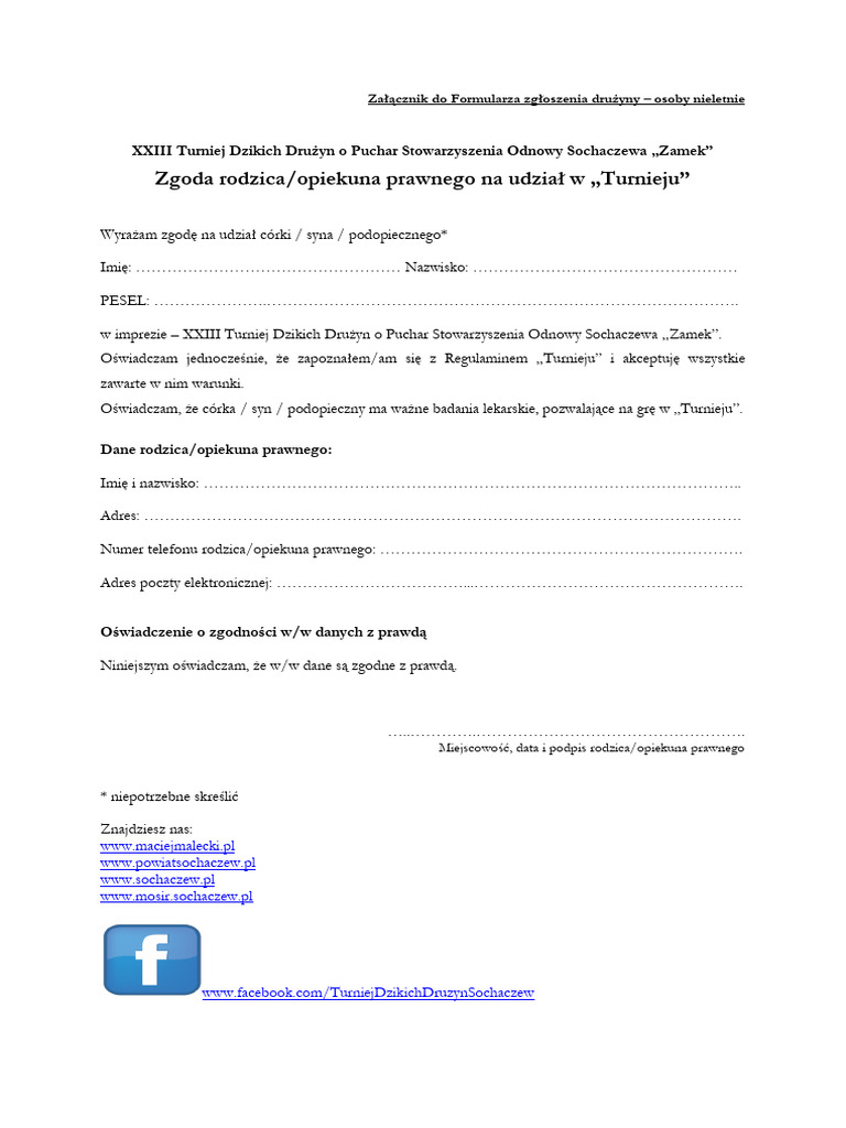 ZaŁącznik Do Formularza ZgŁoszenia Drużyn-ZgŁoszenie Nieletniego ...
