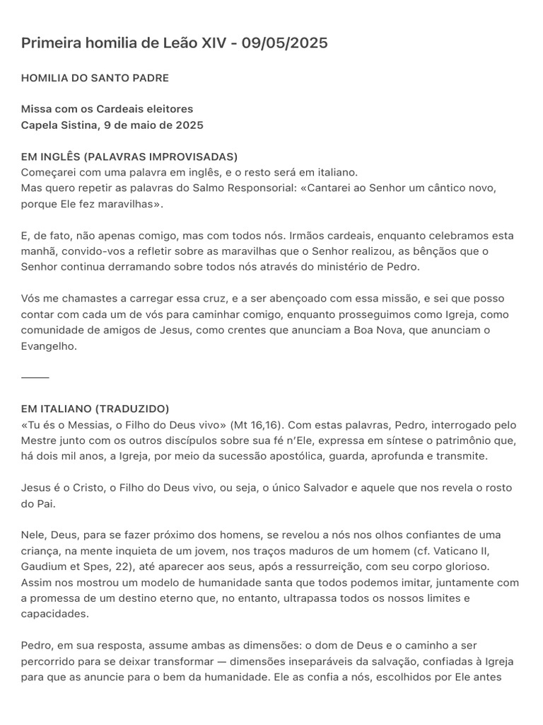 Homilia de Leão XIV - 09/05/2025 | PDF | Jesus | Igreja cristã