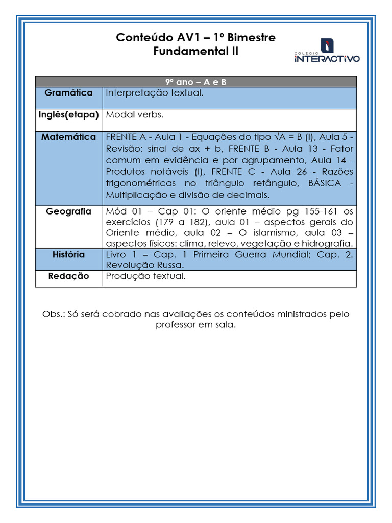 Conteúdo AV1 - 9 ANO A e B-1 | PDF