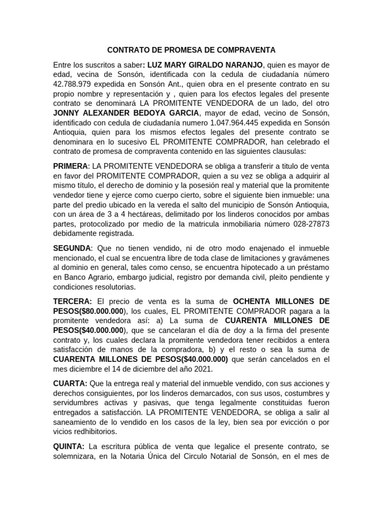 Contrato de Promesa de Compraventa | PDF