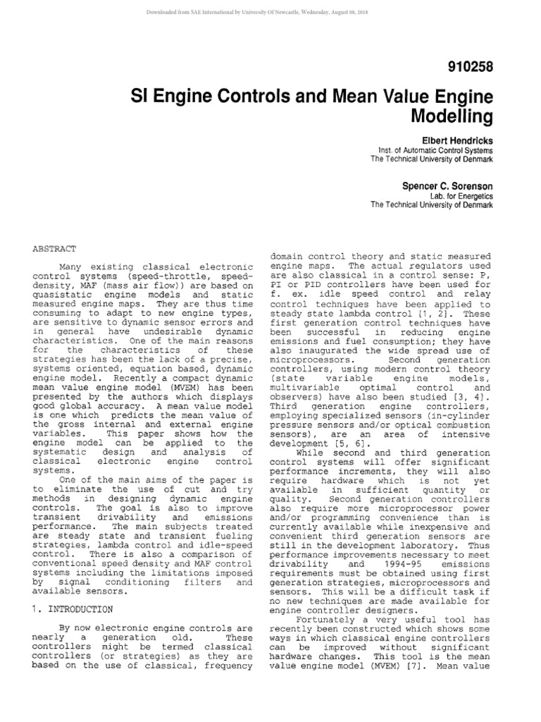 SI Engine Controls and Mean Value Engine Modelling | PDF | Fuel Injection | Throttle