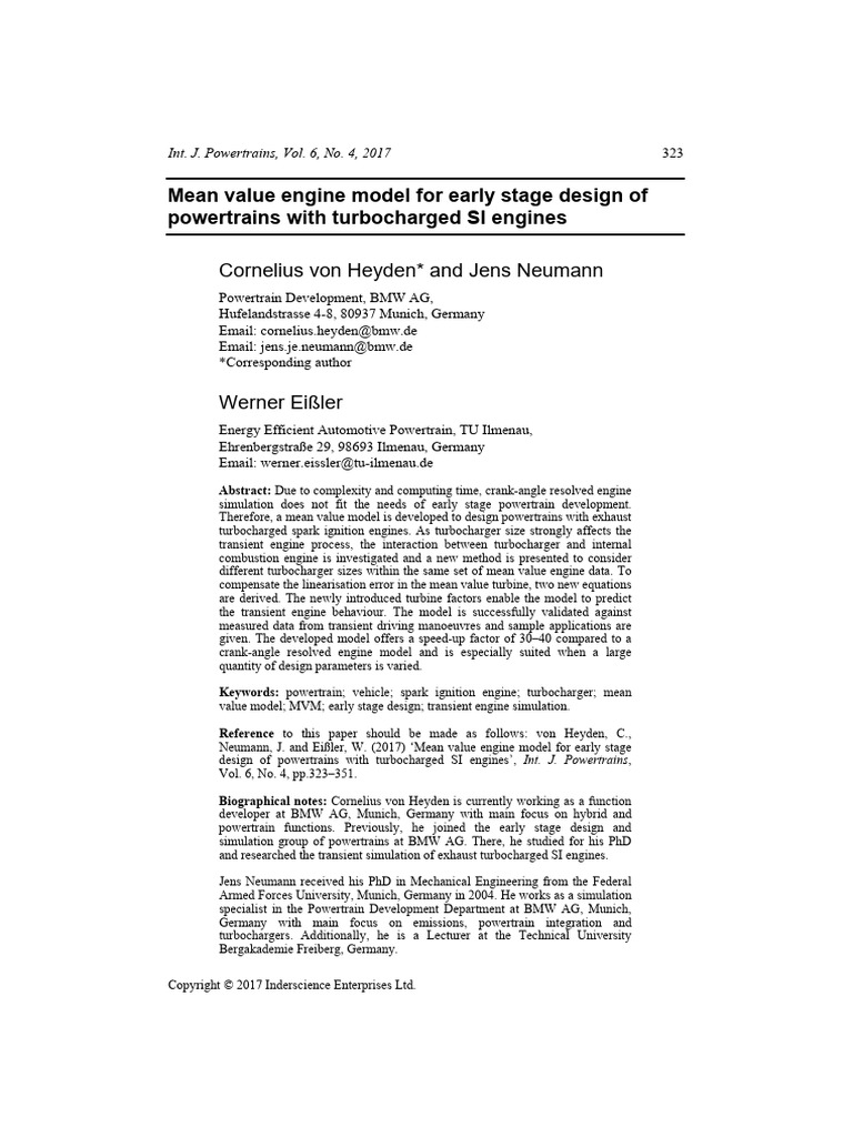 Mean Value Engine Model For Early Stage Design of Powertrains With Turbocharged SI Engines | PDF ...