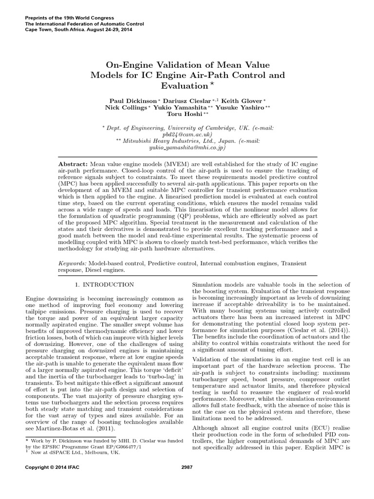 On-Engine Validation of Mean Value Models for IC Engine Air-Path Control and Evaluation | PDF ...