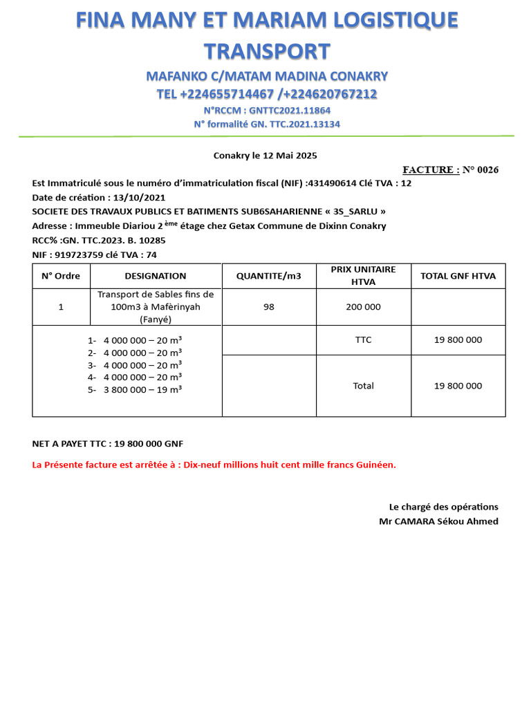 Facture de Transport - 19 800 000 GNF | PDF