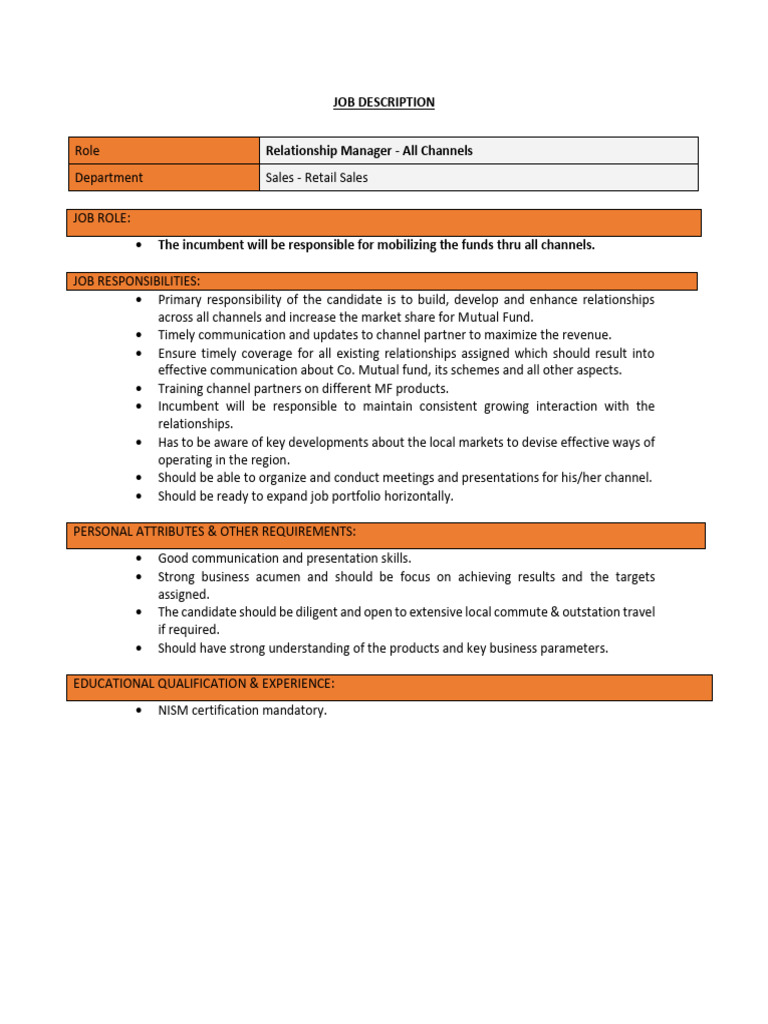 Relationship Manager Job Description | PDF