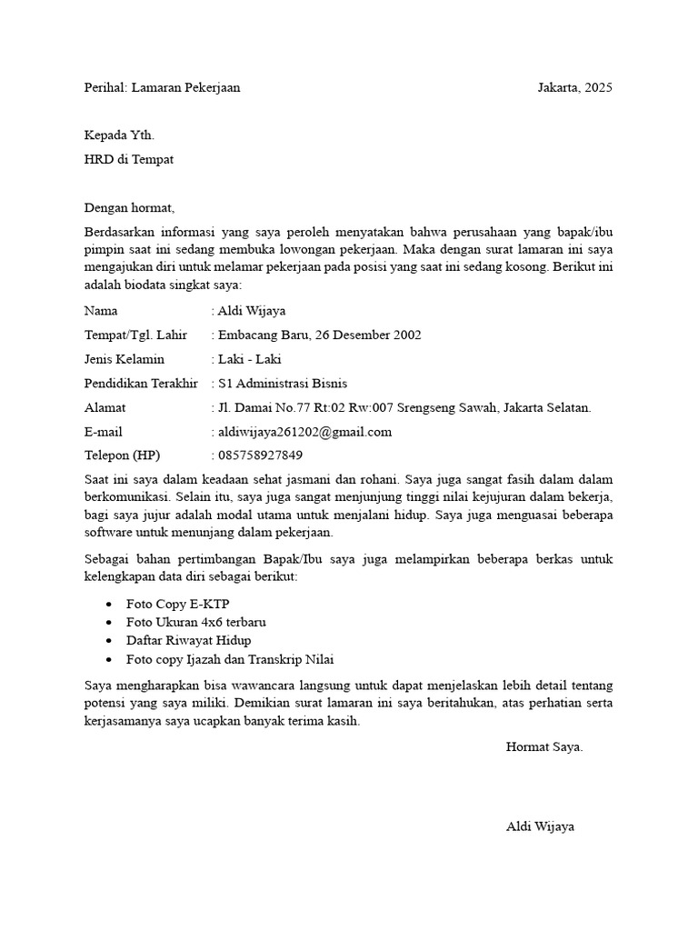 Surat Lamaran Aldi Wijaya | PDF