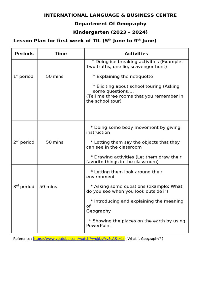 Kindergarten Geography Lesson Plan | PDF