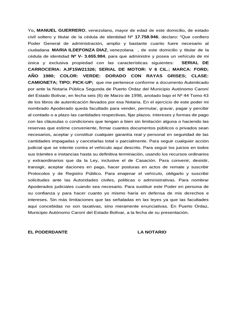 PODER GENERAL DE VEHICULOS Desde Notaria | PDF