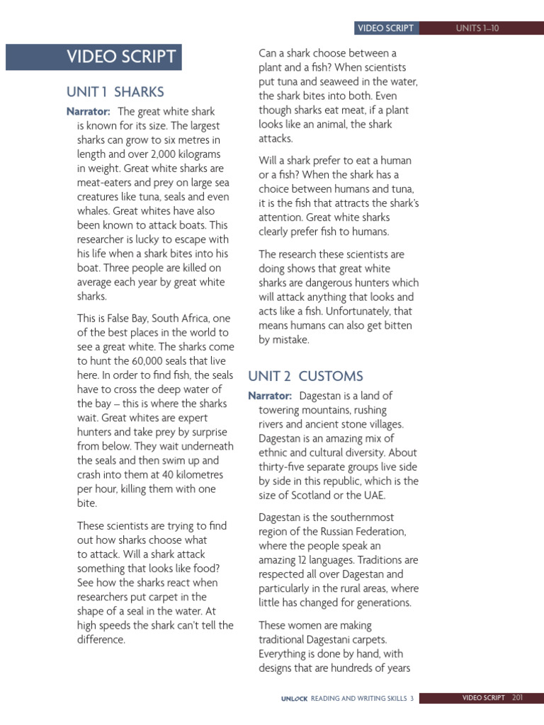 Script-Reading and Writing Unlock 3 | PDF | Great White Shark | Sharks