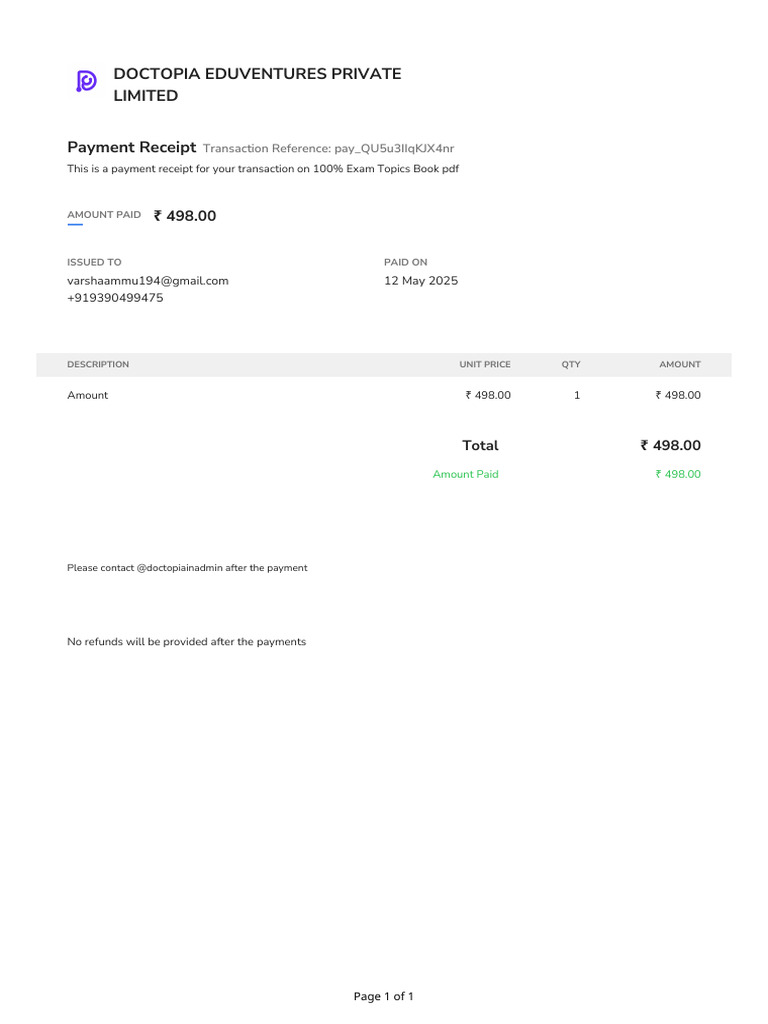 Receipt Pay - QU5u3IIqKJX4nr From DOCTOPIA EDUVENTURES PRIVATE LIMITED (Paid) PDF | PDF