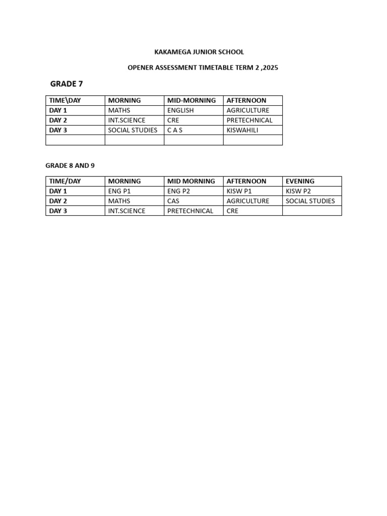 Term 2 Js Opener Timetable | PDF
