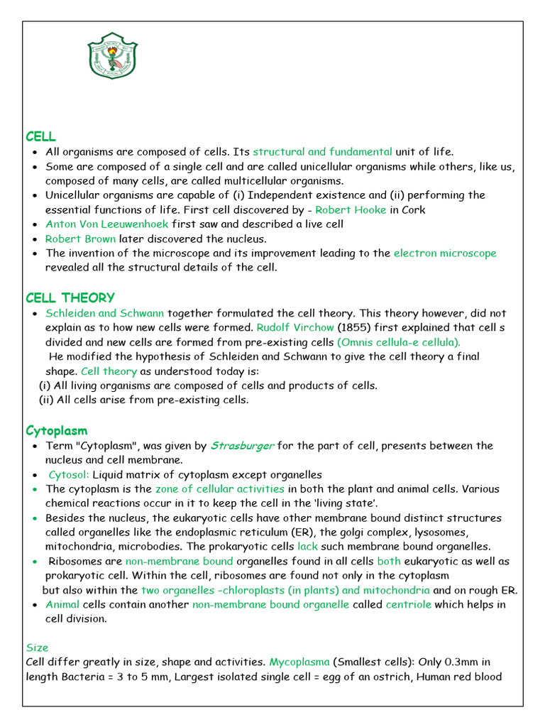 Chapter 8 Cell - The Unit of Life Notes | PDF | Cell Membrane ...
